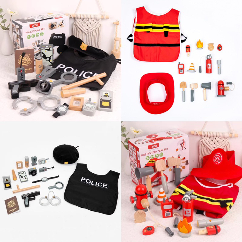 Jual Umu wooden police fireman play set pretend plays kostum polisi ...