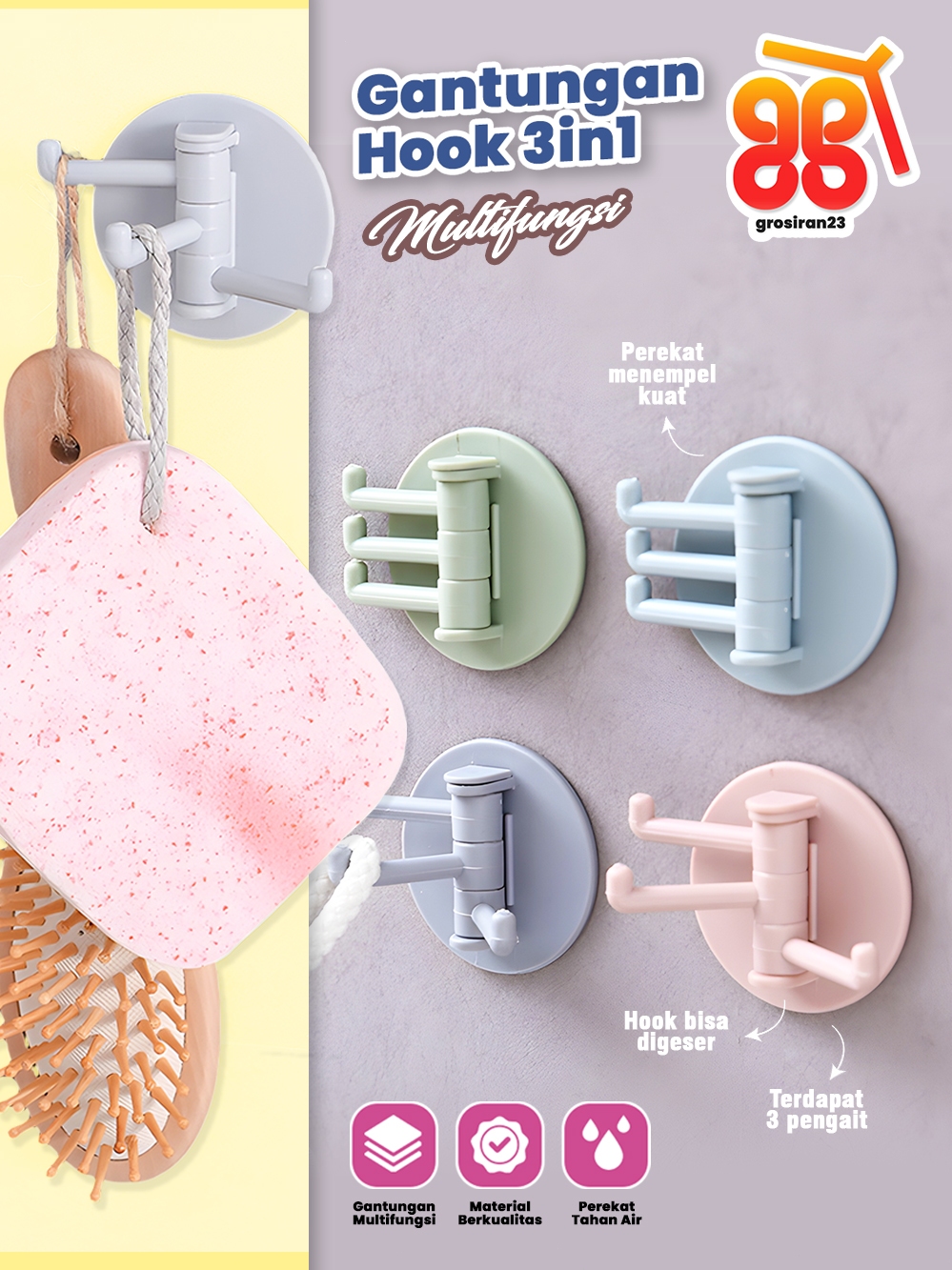 Jual Gantungan 3 Hook Hanger Tempel Dinding Kaca Keramik Hook Baju 3in1 ...