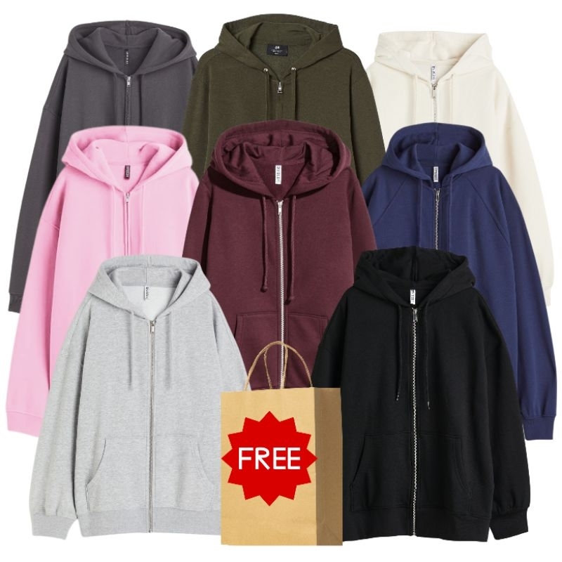 Jual Zipper Zip Hoodie HM Basic Polos Full Tag Free Paper Bag Sweater Cewek Cowok | Shopee Indonesia