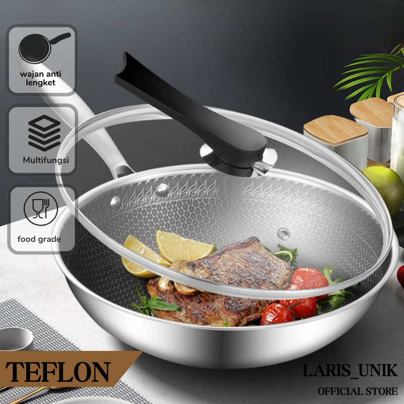 Jual COD Teflon Stainless Steel Free tutup kaca Wajan Penggorengan Frying Pan 34cm/28cm anti ...