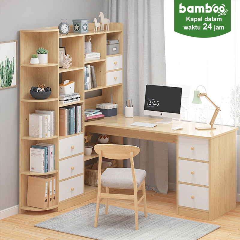 Jual 140CM Meja Kantor Kayu Meja belajar dengan Rak Buku Meja Komputer ...