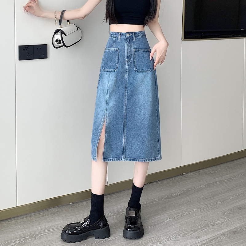 Jual Korea Rok Denim Rawis Highwaist Rok Jeans Wanita Biru Kasual Rok A ...