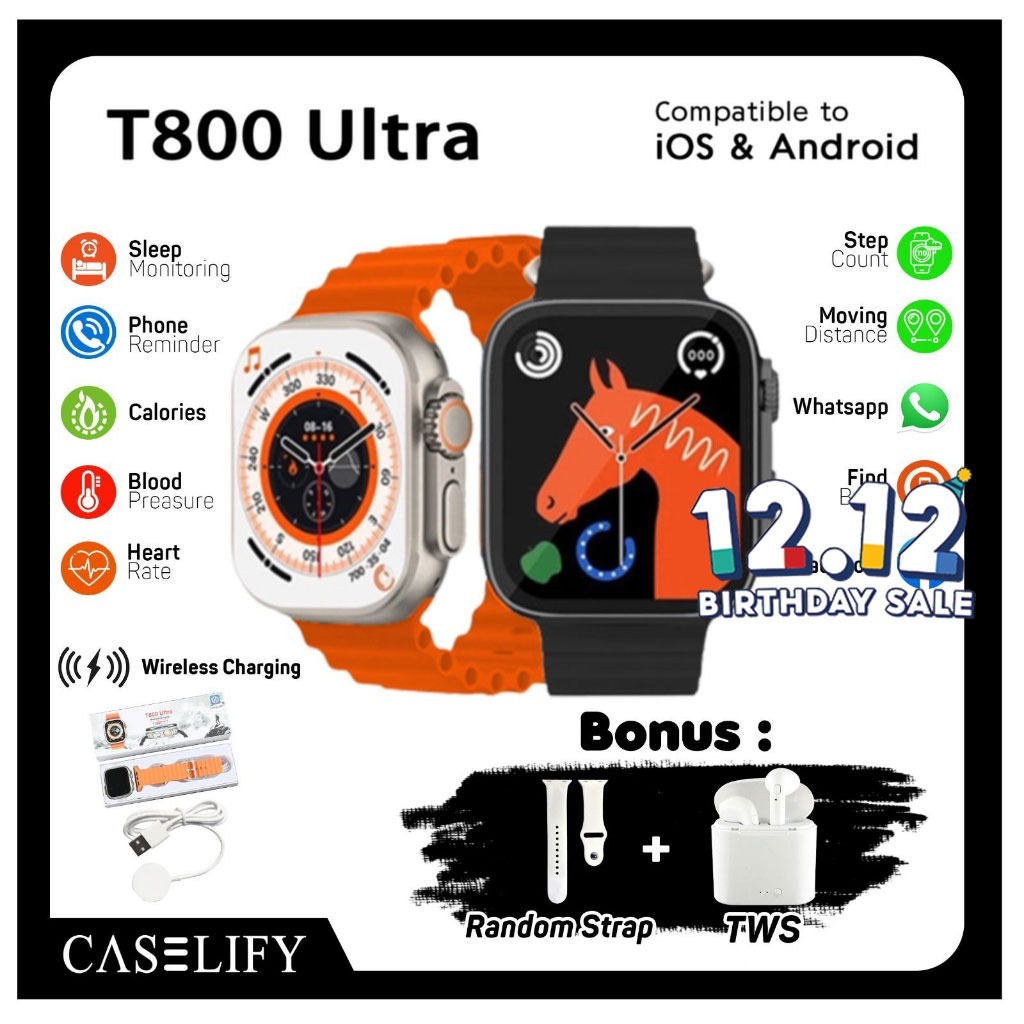 Jual ORIGINAL SMARTWATCH T800 ULTRA SERIES 8 BISA BUAT ANDROID IPHONE ...