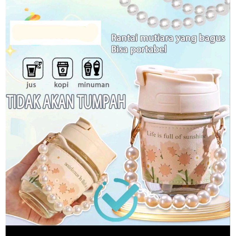Jual Glass Tumblr Aesthetic Dengan Strap Mutiara Gelas Minum Kaca ...