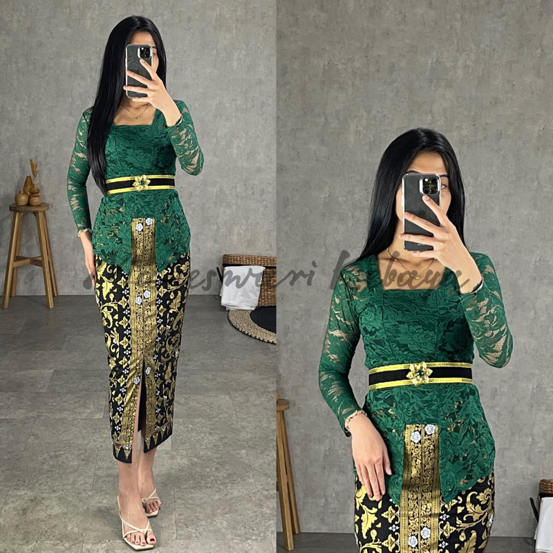 Jual Kebaya Bali Set Brukat Panjang Hijau Botol | Shopee Indonesia
