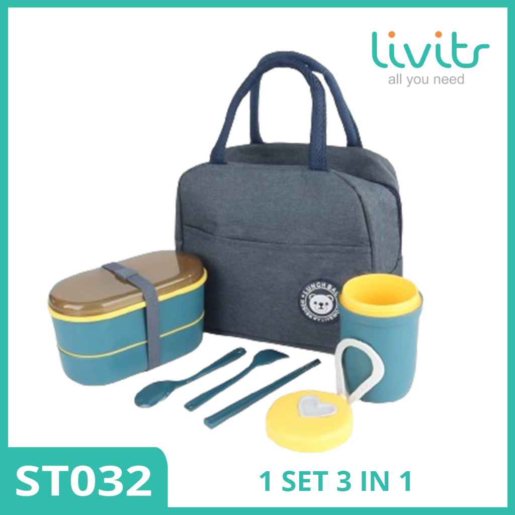 Jual 3IN1 KOTAK MAKAN SET !!! Lunch Box Kotak Makan 700ML 2 Layers & Cangkir Soup Wheatstraw ...