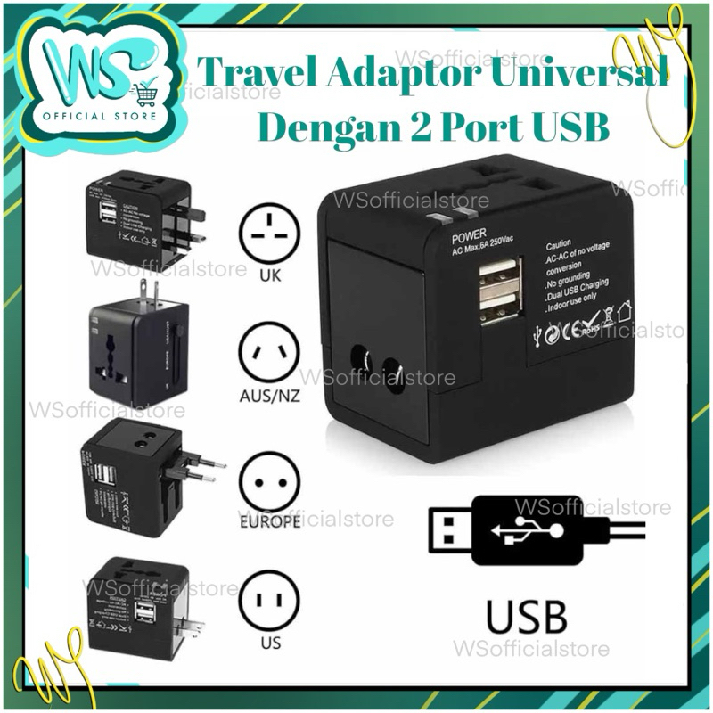 Jual TRAVEL ADAPTOR UNIVERSAL PLUG EU UK US DENGAN 2 PORT USB | Shopee ...
