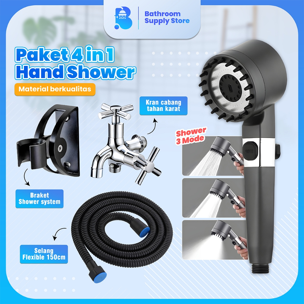 Jual 4In 1 Kepala Shower Set Mandi Hitam Premium Shower Head Set 5 Mode Adjustable Shower Dengan ...