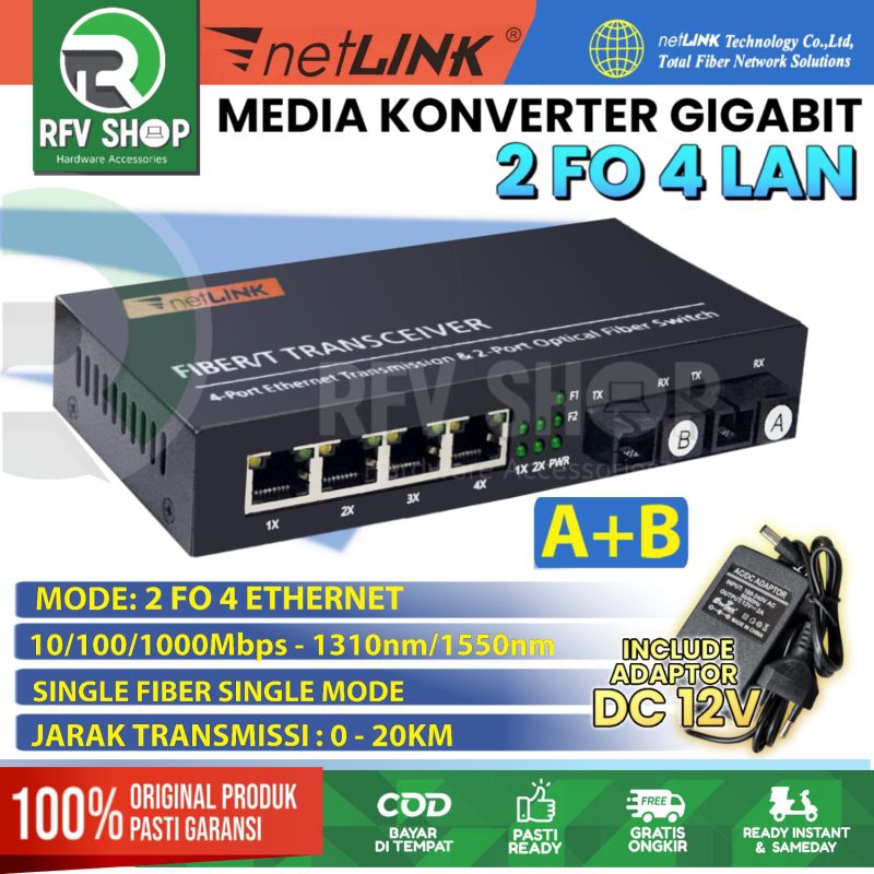 Jual Gigabit Media Converter 2 FO 4 LAN 10/100/1000M Fiber Optic Switch Netlink | Shopee Indonesia