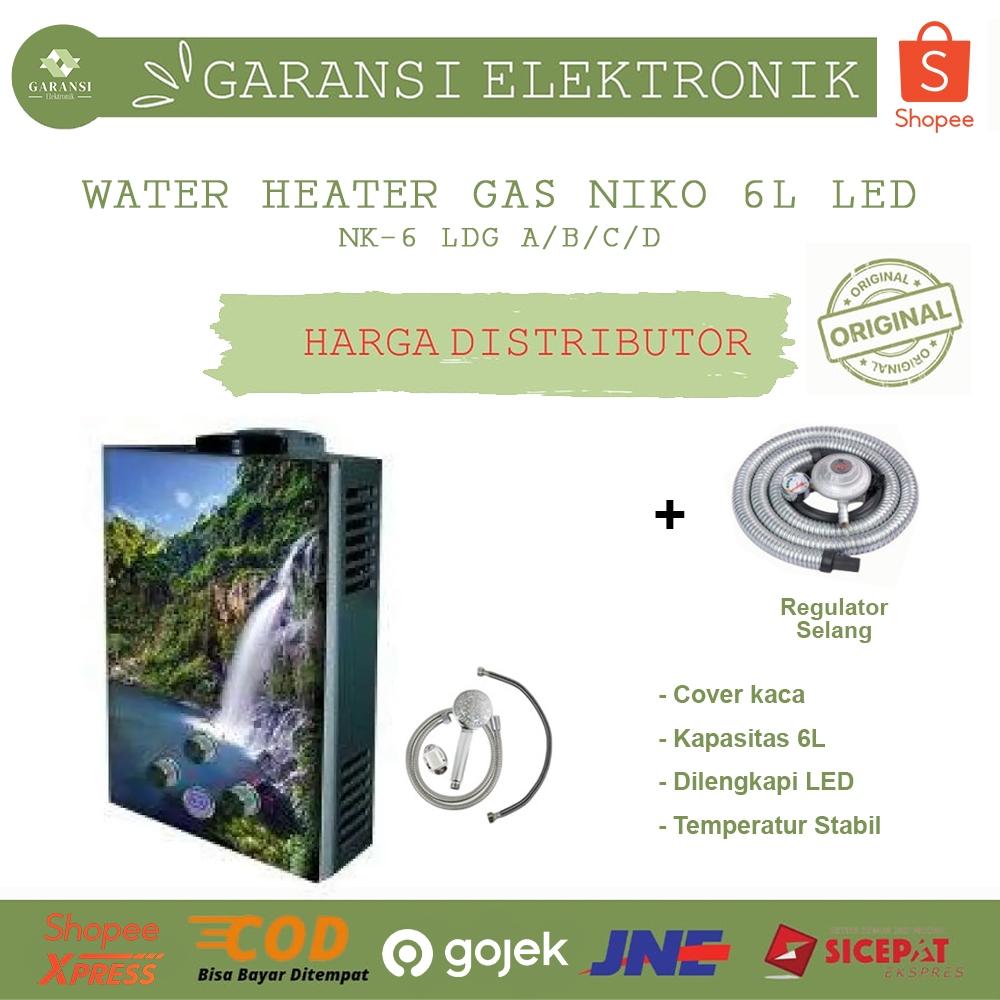 Jual NIKO WATER HEATER GAS KACA NK-6L LDG A/B/C/D PEMANAS AIR KAMAR MANDI LED KAPASITAS 6 LITER ...