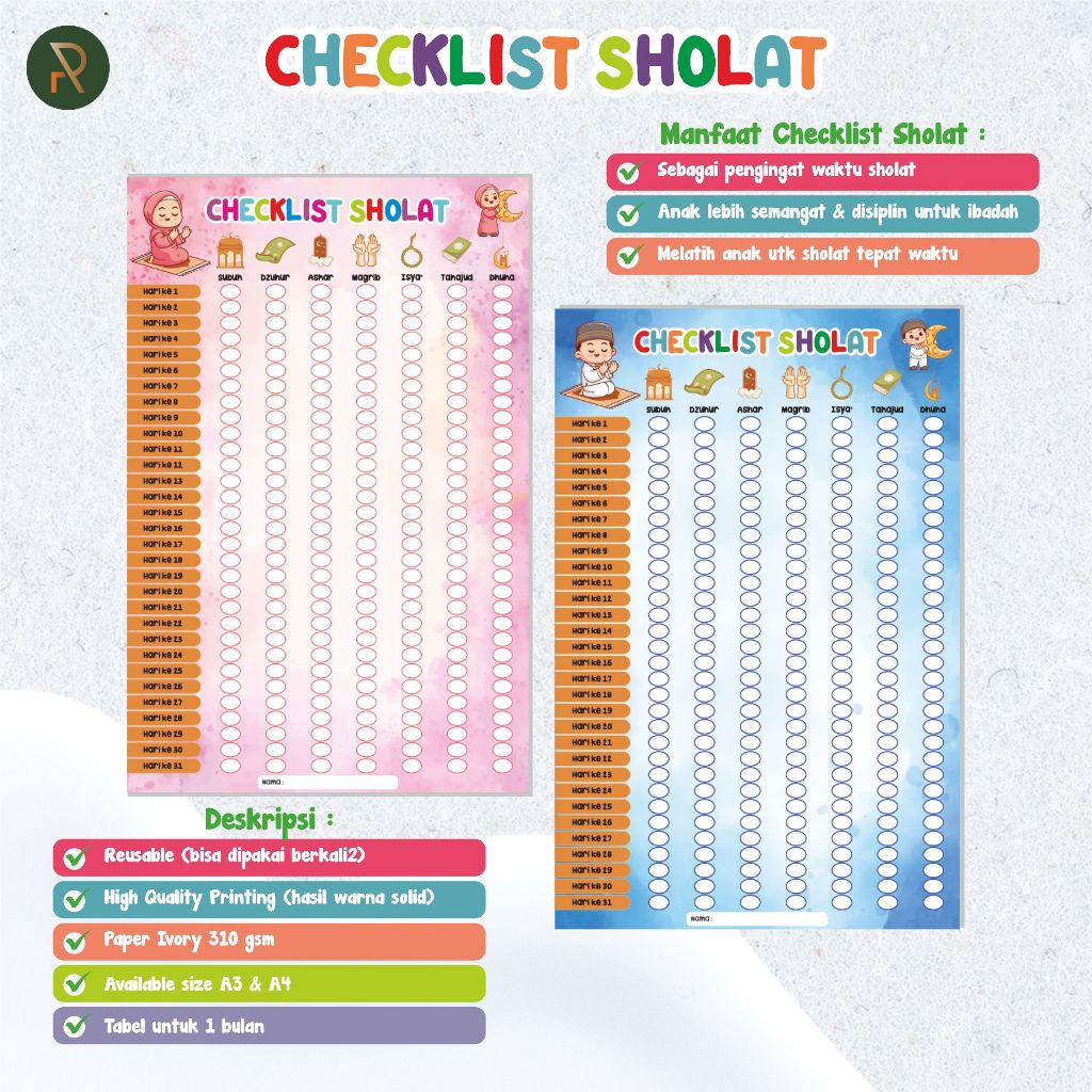 Jual Checklist Sholat 30 hari ukuran A3 & A4 Laminasi Glossy | Shopee ...