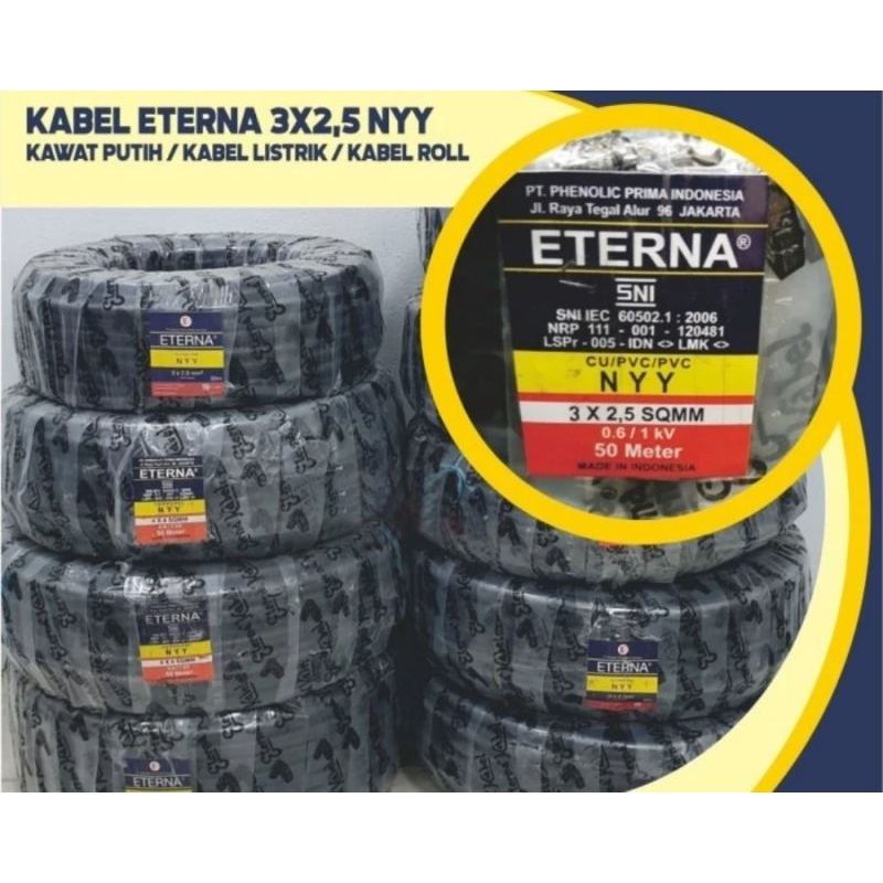 Jual NYY 3x2,5 ETERNA 50METER KABEL OUTDOR ISI KAWAT BESAT 2,5mm kabel listrik eterna hitam ...