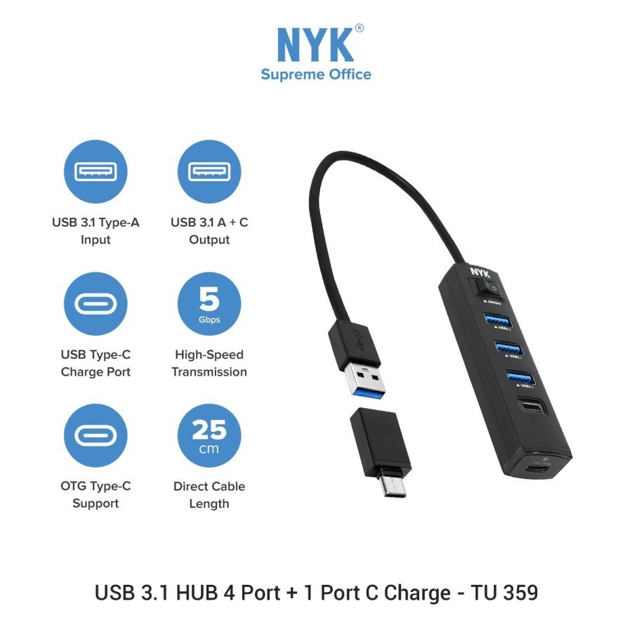 Jual Usb 3.1 hub nyk 4 port Usb-A C 5Gbps free otg type-c with pd tu359 ...