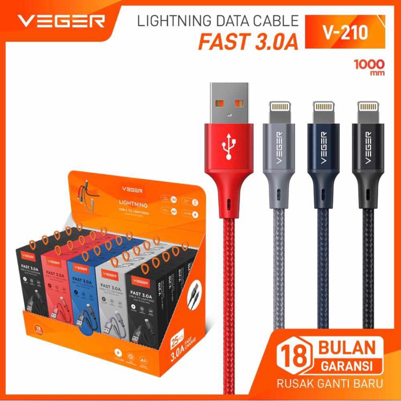 Jual Kabel data VEGER V190 MICRO , V200 TYPE C , V210 LIGHTNING 3A fast ...