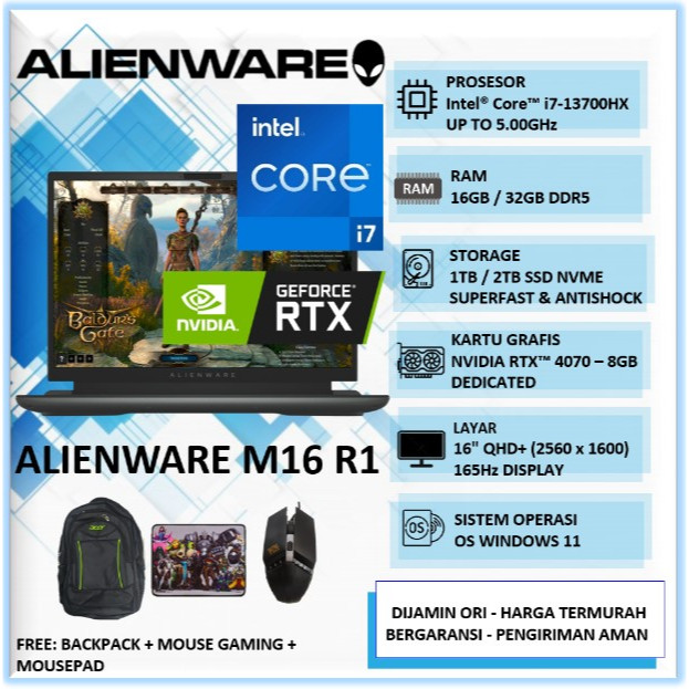 Jual Laptop Gaming Dell Alienware M16 R1 Intel i7 Gen 13 32GB 1TB SSD RTX4070-8GB 16" QHD+ ...