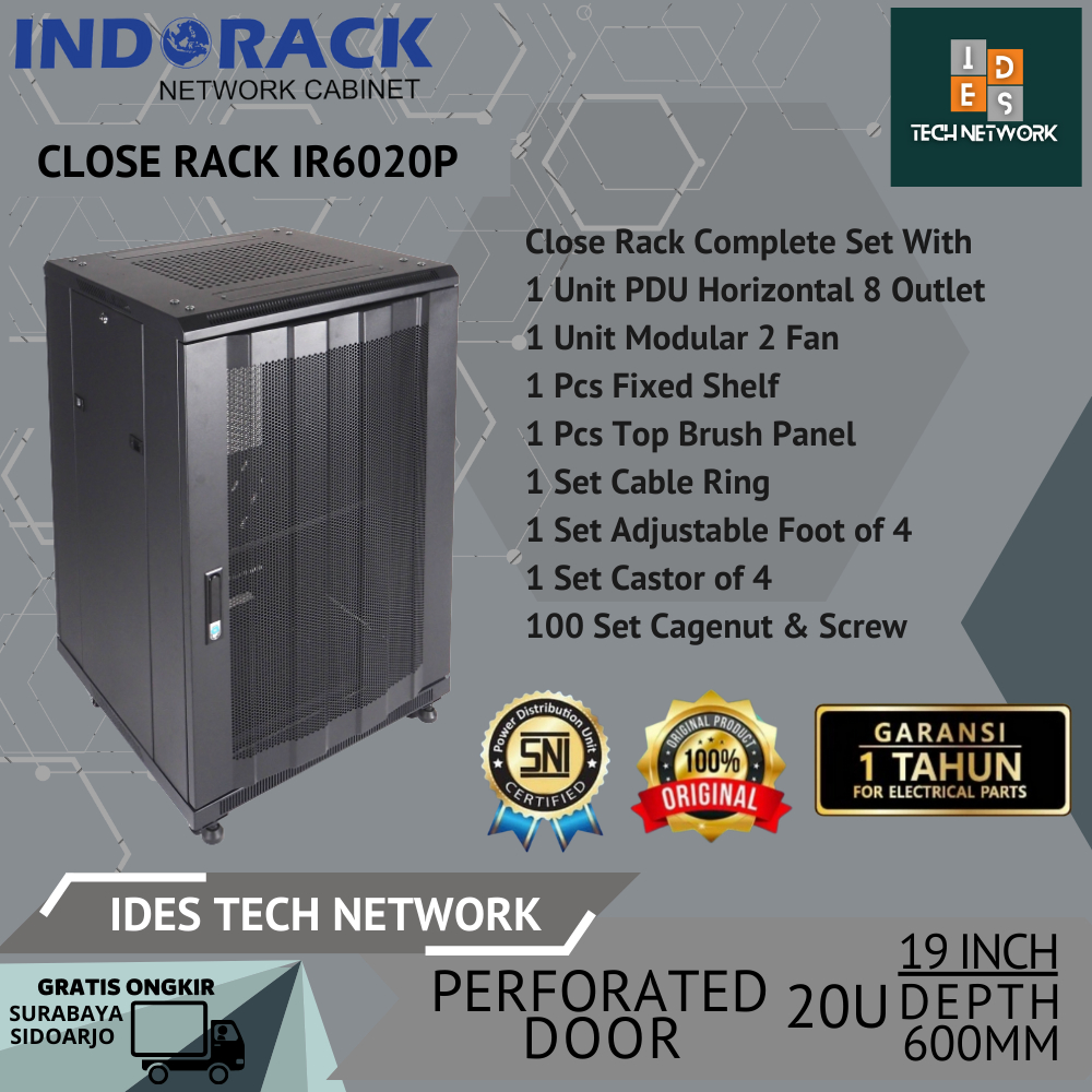 Jual Rack Server Indorack Close Rack IR6020P 20U Depth 600mm Perforated ...