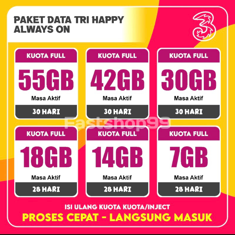 Jual KUOTA TRI MURAH HAPPY 30GB 42GB AKTIF 30 HARI | Shopee Indonesia