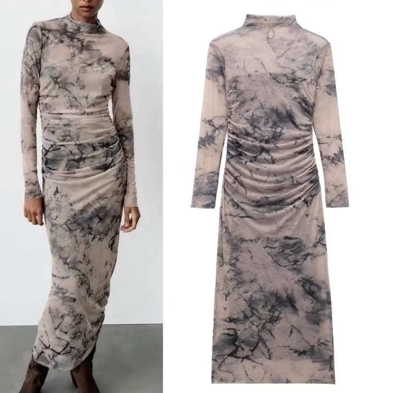 Jual ZR Marble Tie-Dye Patterned Bodycon Maxi Dress with Turtleneck | Gaun Motif Marble Monokrom ...