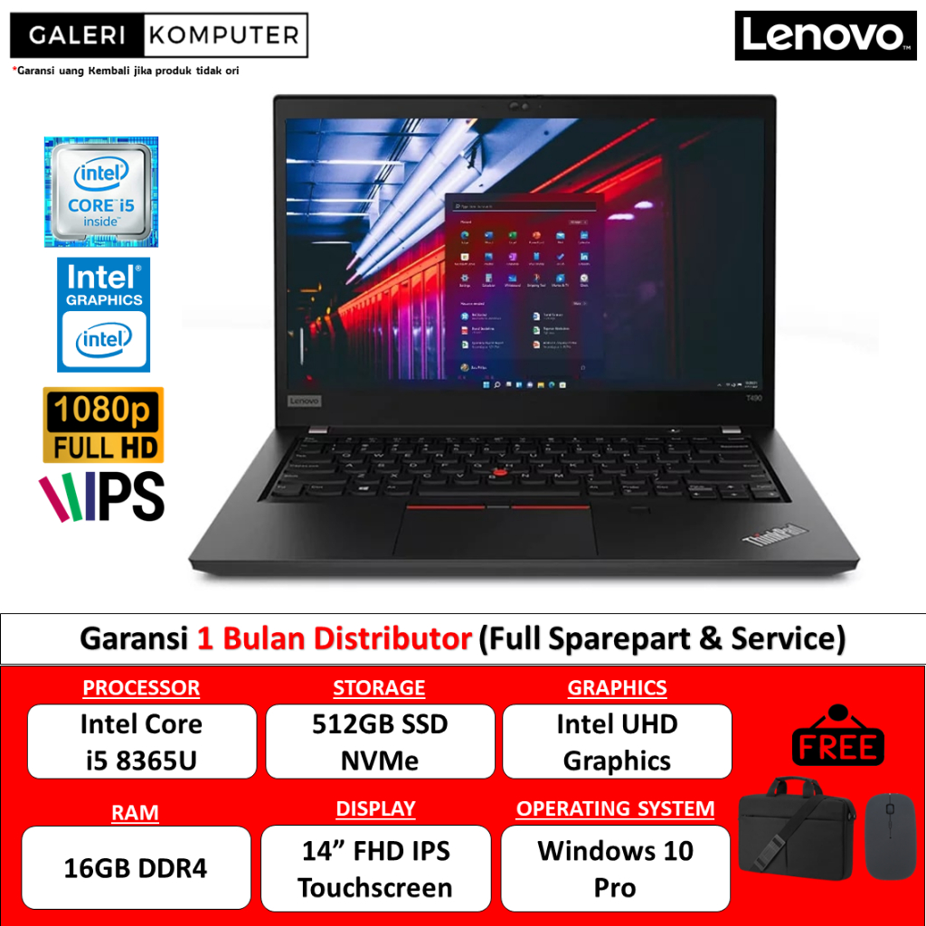 Jual Laptop Kantor Lenovo Thinkpad T490 Intel i5 8365U 16GB 512GB SSD ...