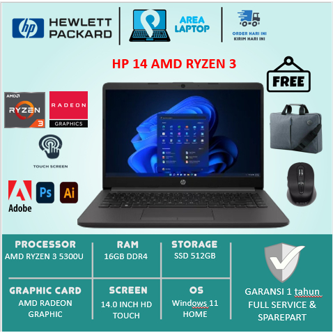 Jual Laptop HP 14 Amd Ryzen 3 5300U 16GB 512GB SSD HD Touch Win11 Black ...