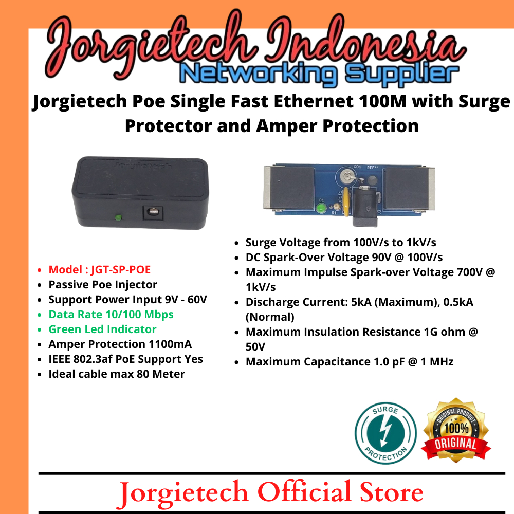 Jual Jorgietech JGT-SPG-POE Poe Injector Anti Petir Gigabit Ethernet 10/100/1000mbps Single 2 ...