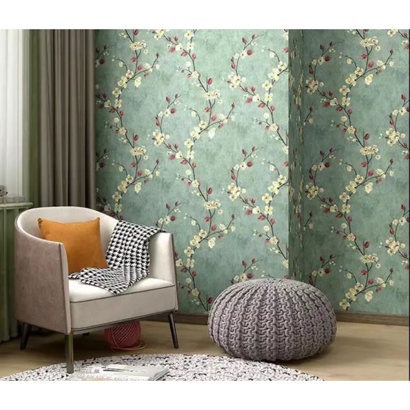 Jual Wallpaper Sticker Dinding Bunga Sakura Dasar Hijau Dekorasi ...