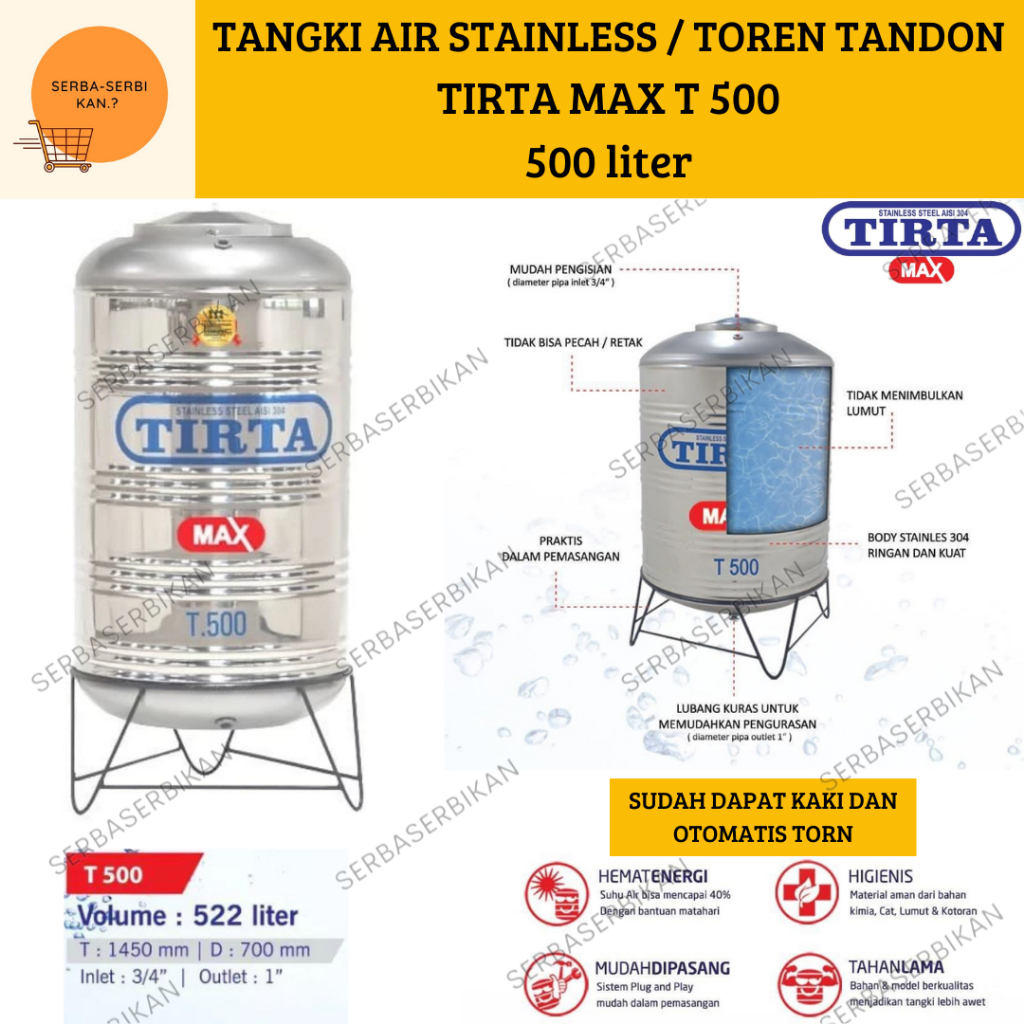 Jual TANGKI TOREN AIR STAINLESS TIRTA MAX T500 liter TEGAL BREBES | Shopee Indonesia