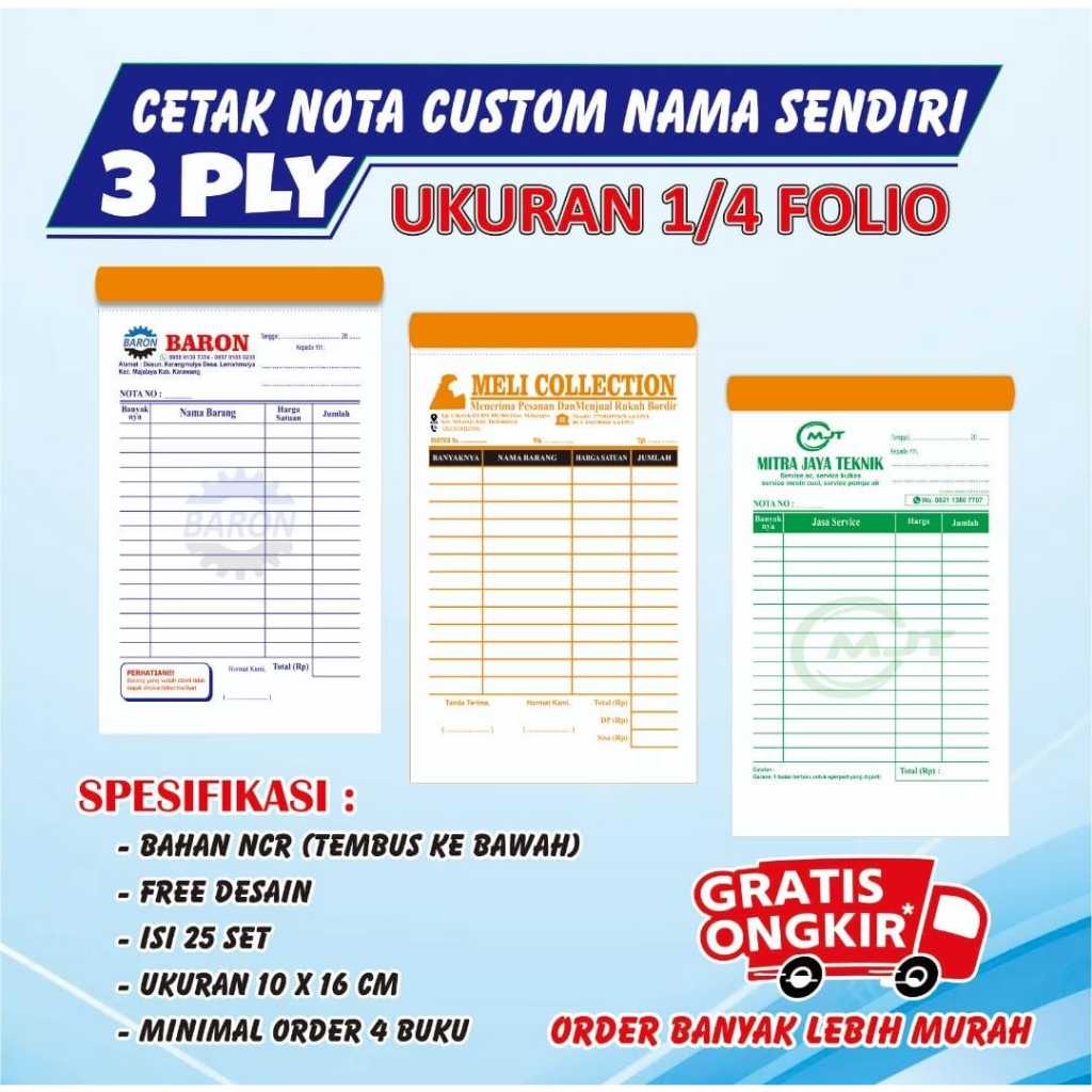 Jual Cetak Nota Custom Nama Sendiri 3ply Isi 25 set Ukuran Sedang free ...