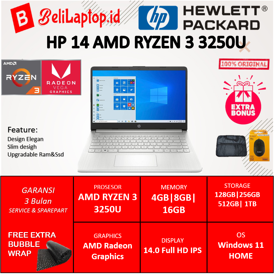 Jual Hp 14 Amd Ryzen 3 3250u Ram 8gb ssd 512gb Full hd IPS Silver Win ...