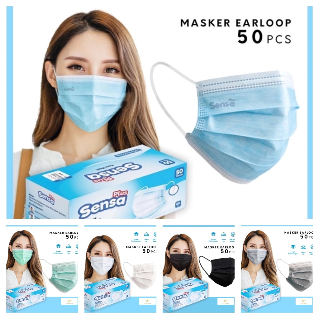 Jual Masker Sensa Plus Earloop 3 ply isi 50 pcs Biru Putih Hitam Abu ...