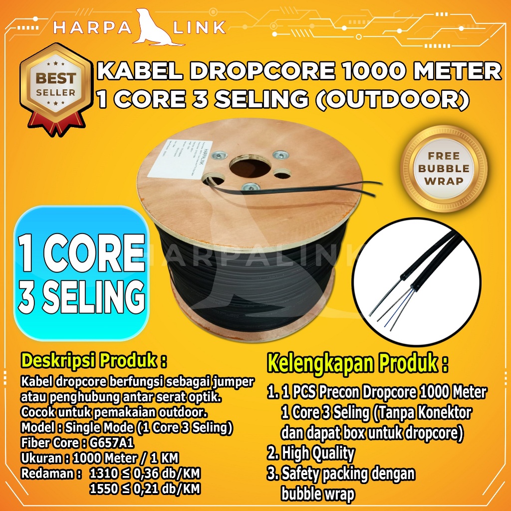 Jual Kabel Fiber Optic Dropcore 1000M 1 Core 3 Seling Kabel Fiber Optik ...