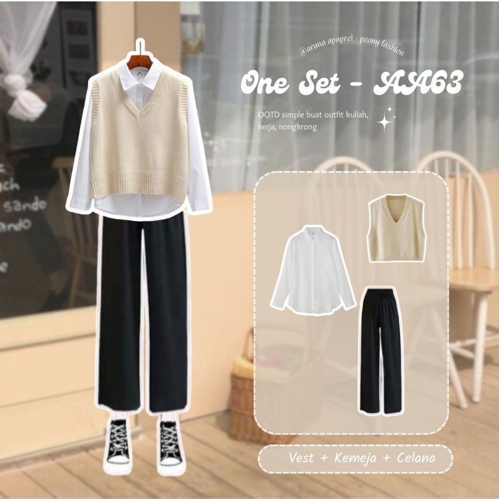 Jual One Set Korean Style OOTD Cewe Korea Outfit (Vest + Kemeja ...