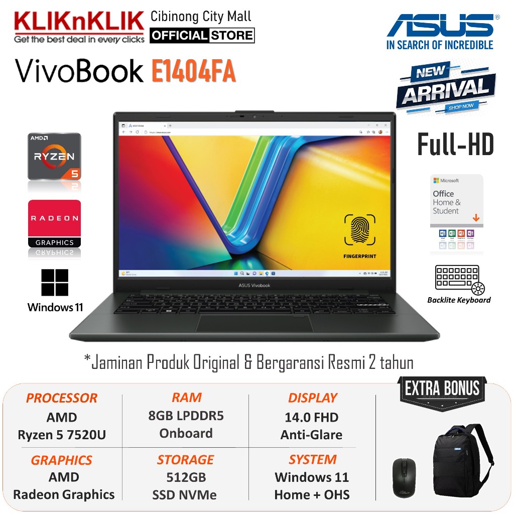 Jual Laptop Baru ASUS VivoBook Go 14 E1404FA AMD Ryzen 5 7520U 16GB ...