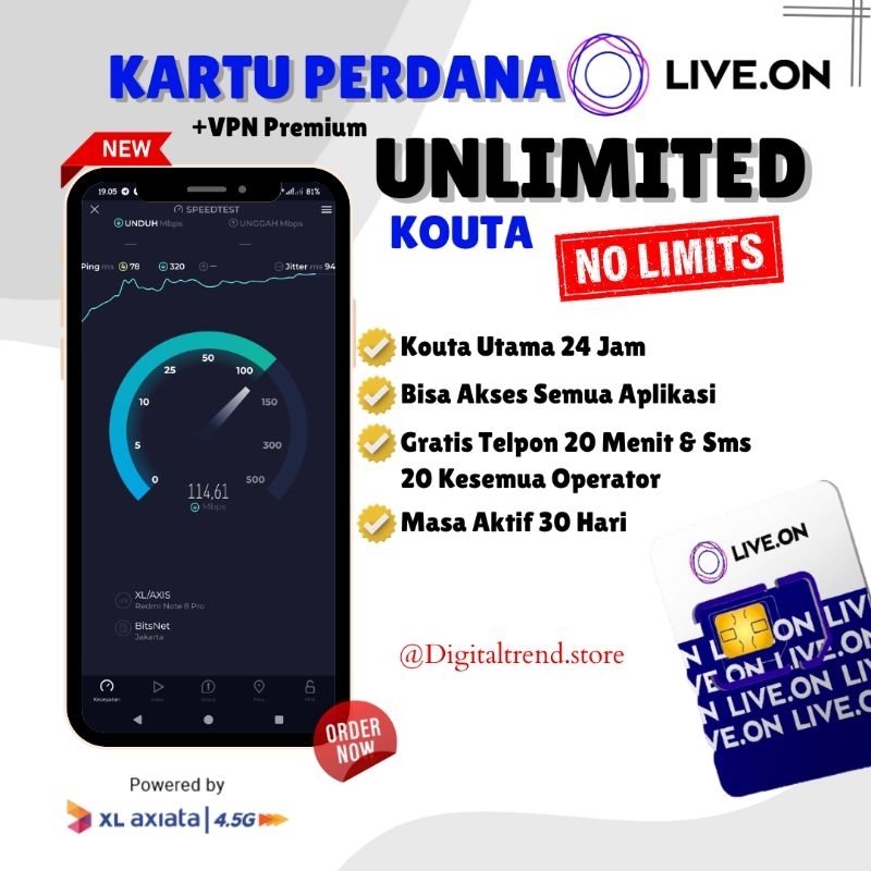 Jual Kartu Perdana XL Liveon Kouta Unlimited 30hari No FUP + VPN ...