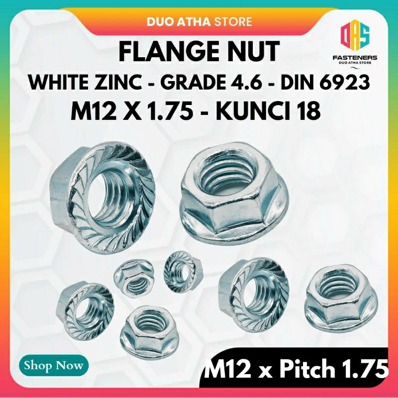 Jual Flange Nut M12 White Zinc Mur Topi M12 x 1.75 DIN 6923 Grade 4.6 ...
