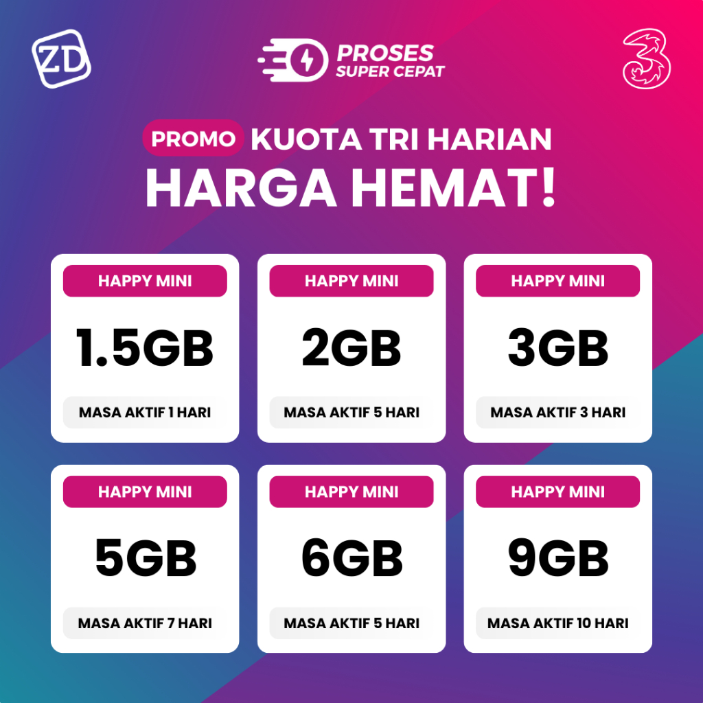 Jual Paket Data Tri Happy Mini, AON, Pure Terlengkap Proses Super Cepat | Shopee Indonesia
