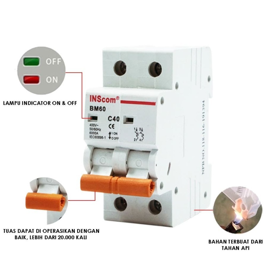 Jual MCB LISTRIK INSCOM 2P 6A 10A 16A / MINI CIRCUIT BREAKER 2 PHASE BM60 INSCOM | Shopee Indonesia