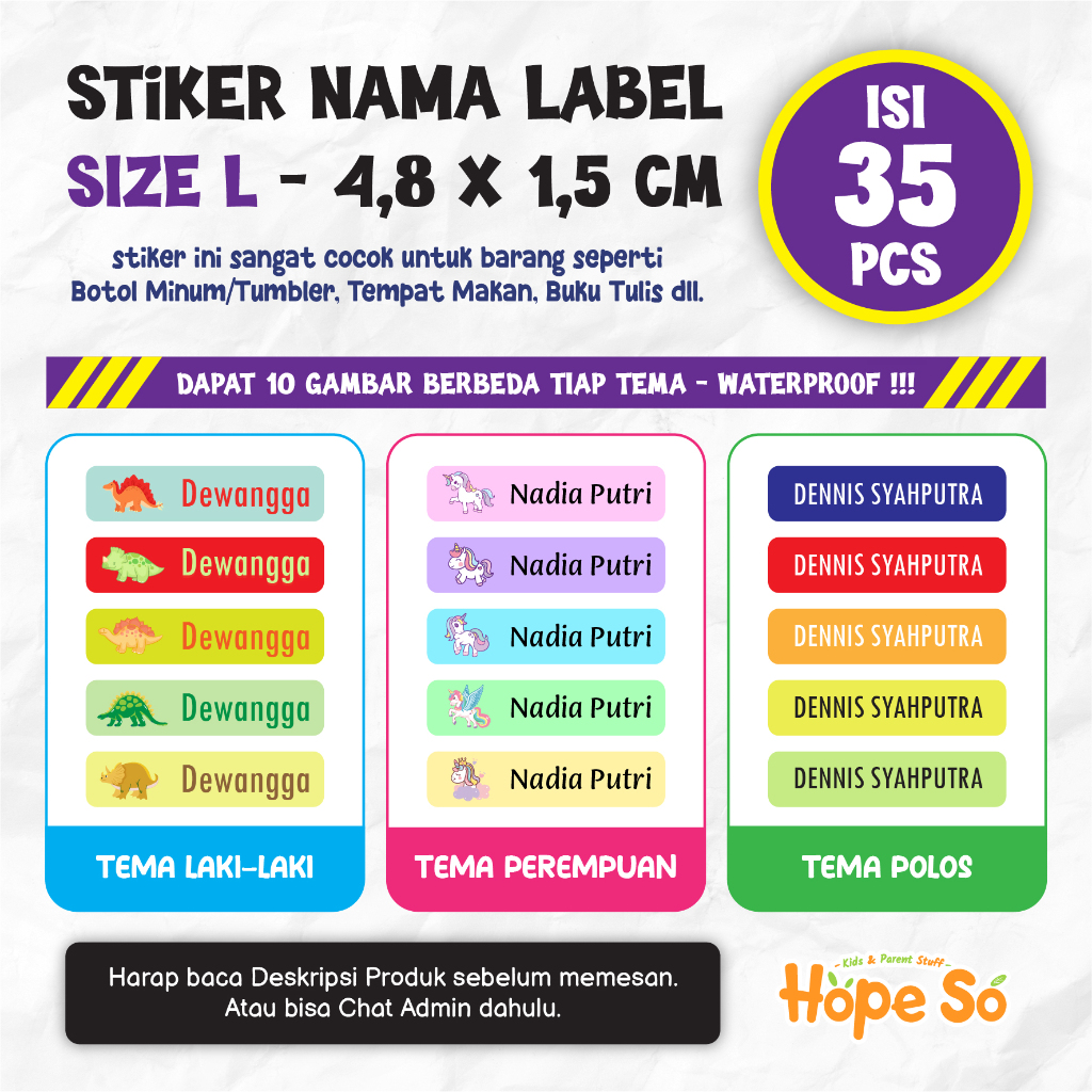 Jual Stiker Label Nama Custom Waterproof Ukuran L (Isi 35 pcs) - HOPE ...