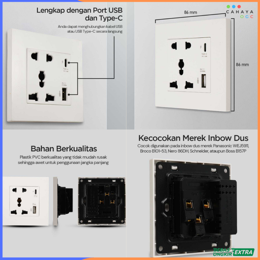 Jual Colokan Stop Kontak Dinding Tipe UK Dengan 2 Port USB + Type C ...