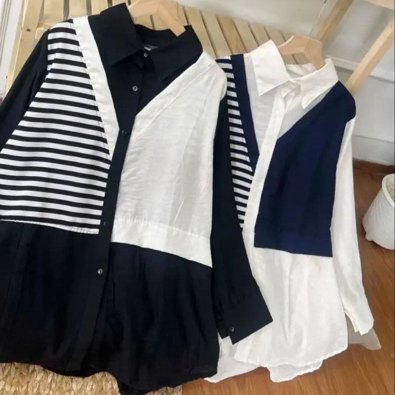 Jual Silvie Polo Linen Kombinasi Salur | Shopee Indonesia