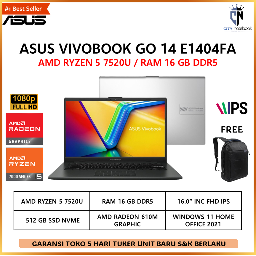 Jual Laptop Asus VivoBook GO 14 E1404FA AMD Ryzen 5-7520U 16GB 512GB ...