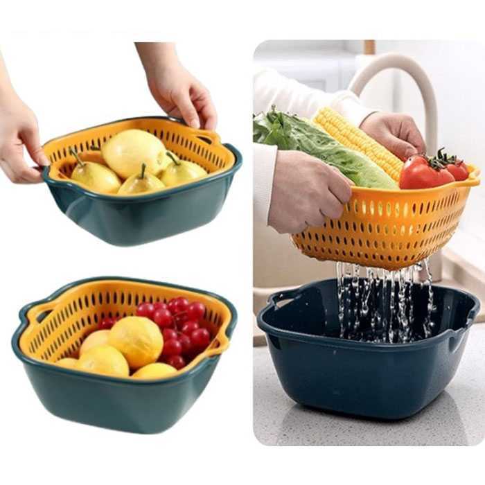 Jual Keranjang Saringan Wadah Cuci Buah Sayur 2 Layer Baskom Set Tempat ...