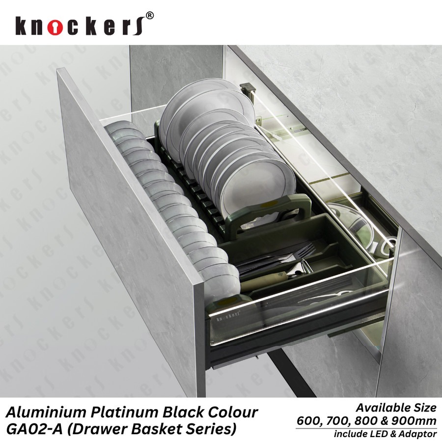 Jual Drawer Basket Aluminium Platinum +LED Light Rak Piring Sendok ...