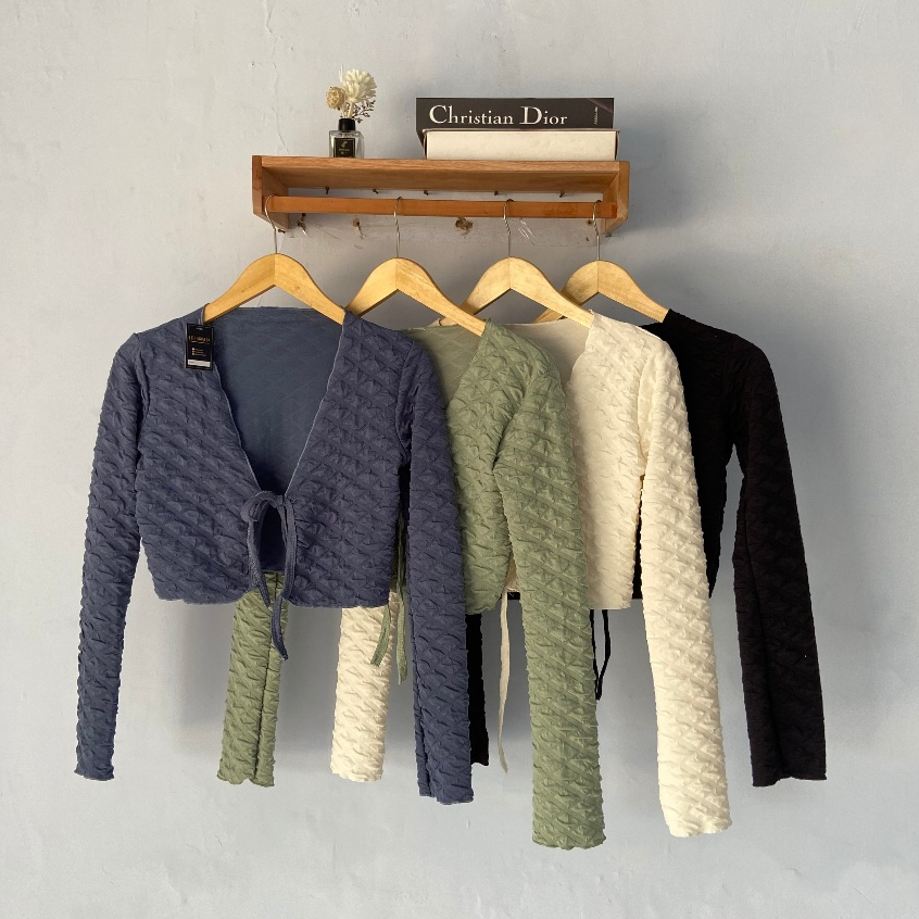 Jual HELLOSHA - Outer Crop Bubble Puff Cardigan Buble Tali Wanita Lengan Panjang Korean Look ...