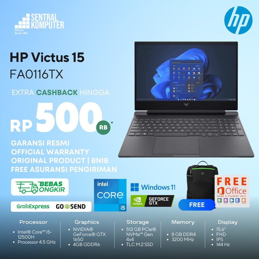 Jual Victus by HP 15-fa0116TX i5-12500H-GTX 1650-8GB-512GB SSD-Win 11+OHS | Shopee Indonesia