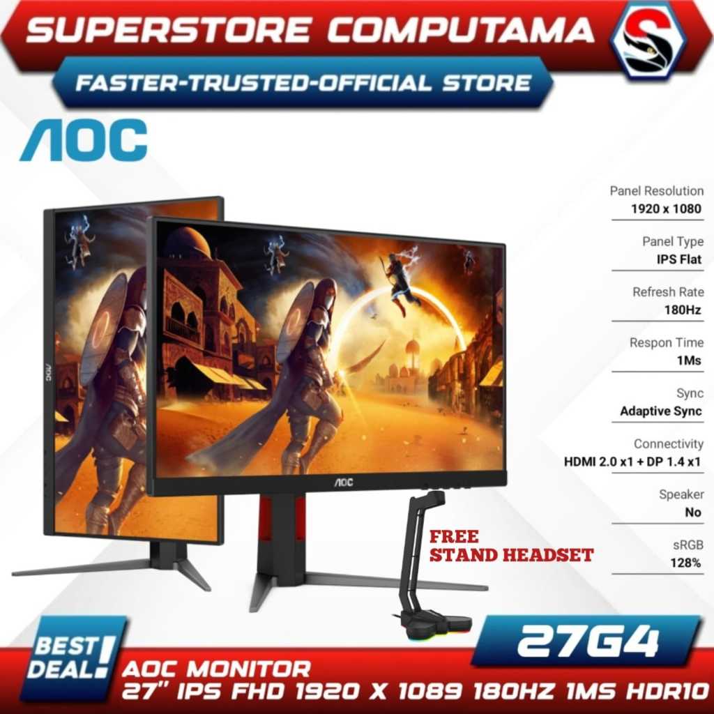 Jual Monitor LED AOC 27G4 27" IPS 1080p FHD 180Hz HDMI DP HDR10 Ergo ...