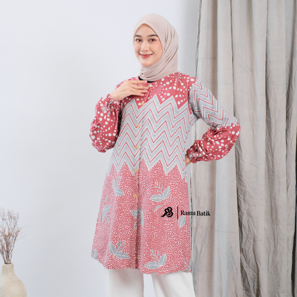 Jual Tunik Batik Wanita Modern Tunik Kancing Lengan Balon Warna Soft Kejora | Shopee Indonesia