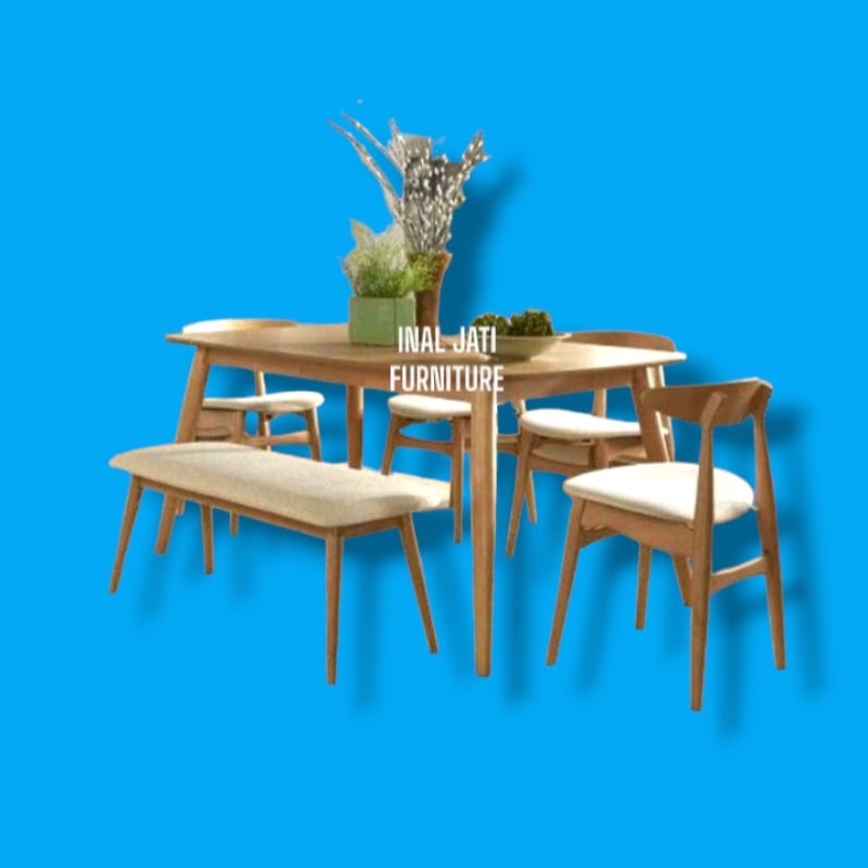 Jual SET MEJA MAKAN MINIMALIS CAFE KURSI 4 + BENCH KAYU JATI (TEBAL ...