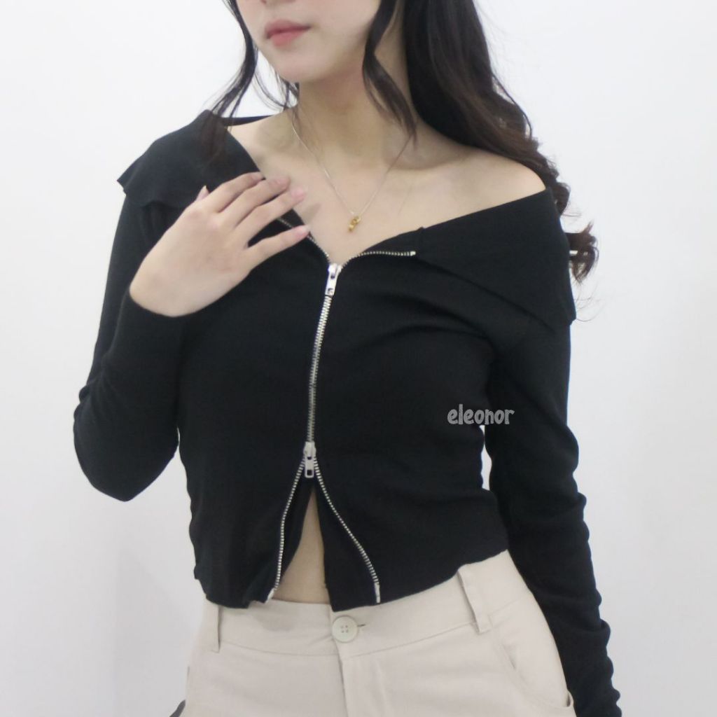Jual Raven Zipper Top Sabrina Off Shoulder Lengan Panjang Knit Rajut ...