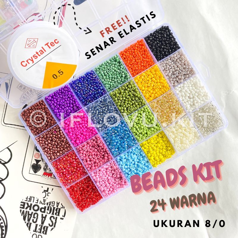 Jual Set Manik Manik DIY 24 Warna Lengkap 8/0 3mm + Senar Elastis ...